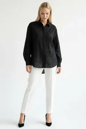 EXQUISE Long Sleeve Broderie Anglaise Shirt