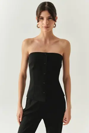 EXQUISE Strapless Button-front Bustier - Black