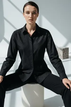 EXQUISE Stone Pattern Long Sleeve Cotton Shirt