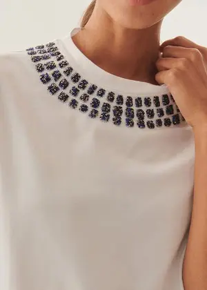 EXQUISE Adriana Crystal Embellished Cotton T-shirt