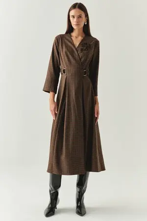 EXQUISE Exquise Plaid Long Sleeve Midi Dress With Embellishment Multicolor