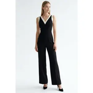 EXQUISE V-neck Sleeveless Jumpsuit With White Stripes - Black
