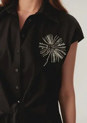 EXQUISE Embellished Tie-front Cotton Shirt