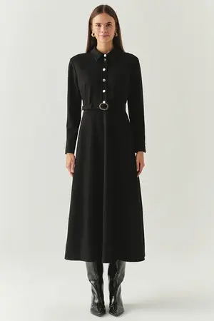 EXQUISE Georgina Knit Shirt Collar Dress With Belt - Black