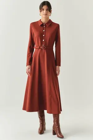 EXQUISE Georgina Knit Shirt Collar Dress With Belt - Brown