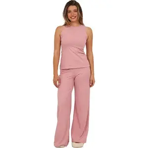 24SEVEN COMFORT APPAREL Ribbed Knit Tank Top And Wide Leg Pant Set - Blush