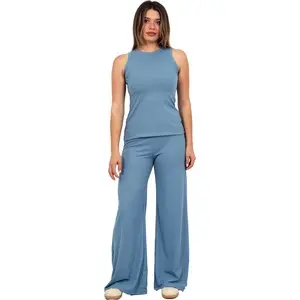 24SEVEN COMFORT APPAREL Ribbed Knit Tank Top And Wide Leg Pant Set - Denim