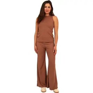 24SEVEN COMFORT APPAREL Ribbed Knit Tank Top And Wide Leg Pant Set - Mocha