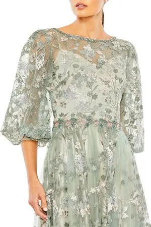 Mac Duggal Embroidered High Neck A-line Gown With 3/4 Puff Sleeves
