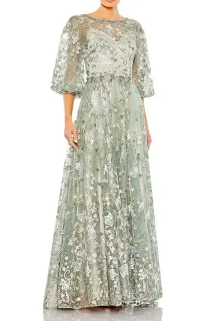 Mac Duggal Embroidered High Neck A-line Gown With 3/4 Puff Sleeves - Pastel Multi