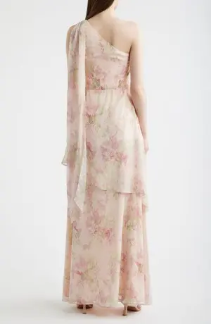 Lulus Amara Floral Print One-shoulder Gown