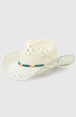 MANELA Twister Star Handwoven Straw Cowboy Hat - White/turquoise
