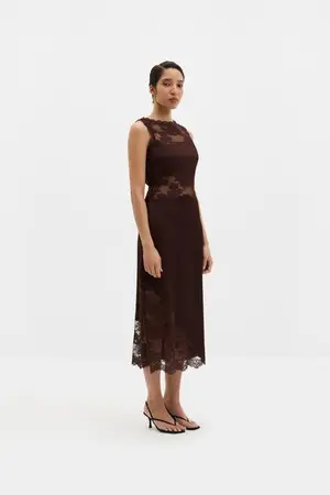 MALINA Desire Lace Trimmed Cut Out Midi Dress - Espresso
