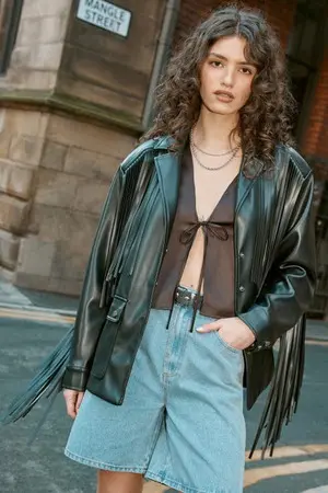 Nasty Gal Fringe Faux Leather Belted Jacket - Black