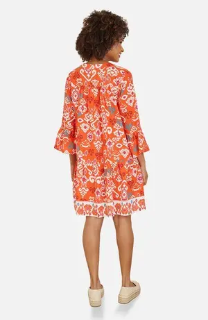 YUMI Flared Ikat Print 3/4 Sleeve Tunic Dress