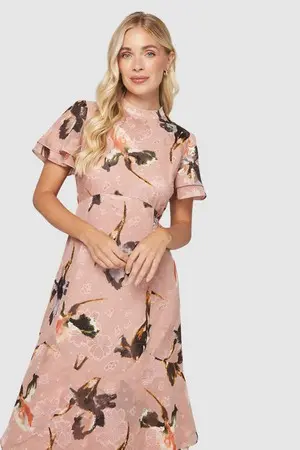 WALLIS Petite Floral Burnout Ruffle Midi Dress