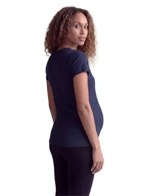 24SEVEN COMFORT APPAREL Maternity Ribbed Knit Round Neck Short Sleeve Top - Navy