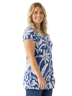24SEVEN COMFORT APPAREL Paisley Print V-neck Short Sleeve Flared Tunic Top