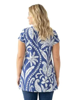24SEVEN COMFORT APPAREL Paisley Print V-neck Short Sleeve Flared Tunic Top