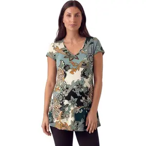 24SEVEN COMFORT APPAREL Maternity Floral Print V-neck Short Sleeve Tunic Top - Green Multi