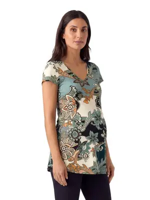 24SEVEN COMFORT APPAREL Maternity Floral Print V-neck Short Sleeve Tunic Top
