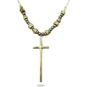 COLLECTION 1304 Grounded Cross Necklace With Pearls And Beads - Bronze