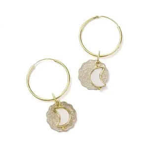 MATR BOOMIE Sikka Coin Dangle Hoop Earrings With Mother Of Pearl Crescent Moon Charm - Gold