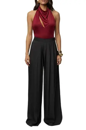 JLUXLABEL Halter Neck Bodysuit With Draped Crossover - Burgundy