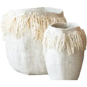 KANJU INTERIORS Fringed Skirt Mohair Decorative Wool Basket - Cream - Small