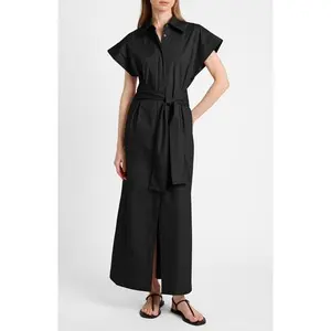 Santorelli Nisa Cap Sleeve Cotton Stretch Maxi Shirt Dress - Black