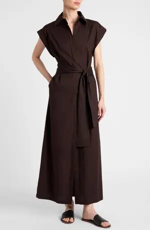 Santorelli Nisa Cap Sleeve Cotton Stretch Maxi Shirt Dress - Coffee