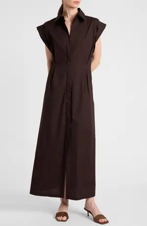 Santorelli Nisa Cap Sleeve Cotton Stretch Maxi Shirt Dress - Coffee