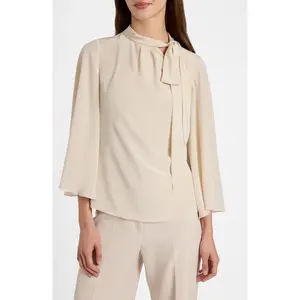 Santorelli Lena Tie Neck Blouse In Silk Crepe De Chine - Latte