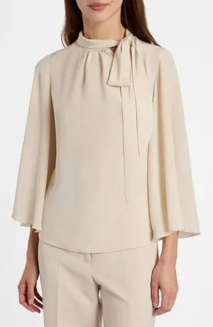Santorelli Lena Tie Neck Blouse In Silk Crepe De Chine - Latte