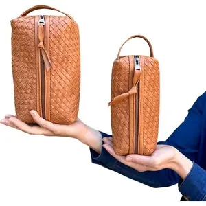 AMASOUK Woven Leather Makeup Bag - Saddle - Small