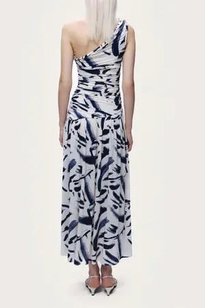 NOCTURNE Printed One-shoulder Draped Midi Dress