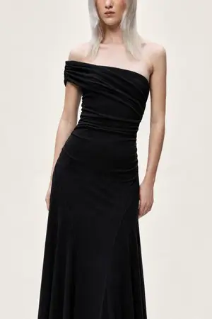 NOCTURNE Asymmetric Off-shoulder Ruched Maxi Dress - Black
