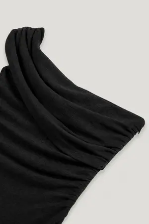 NOCTURNE Asymmetric Off-shoulder Ruched Maxi Dress - Black
