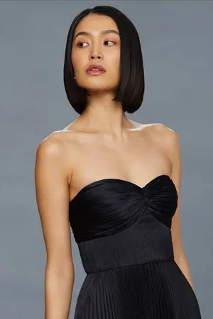 AMUR Sweetheart Neck Sleeveless Pleated Tea-length A-line Dress - Navy