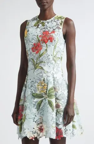 Oscar De La Renta Floral Print Guipure Lace Dress
