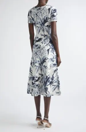 Oscar De La Renta Tonal Tropical Knit Midi Dress - Navy/ivory