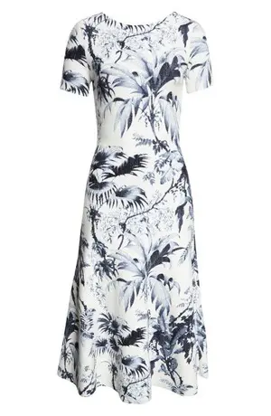 Oscar De La Renta Tonal Tropical Knit Midi Dress - Navy/ivory