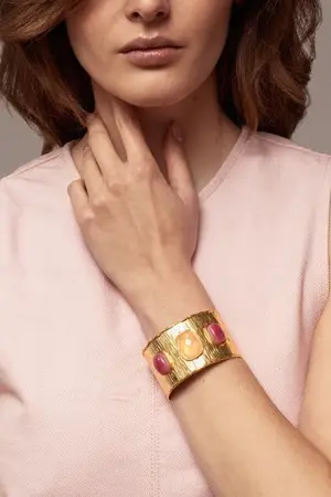 Sylvia Toledano Gold Plated Brass Cuff With Quartz And Jasper