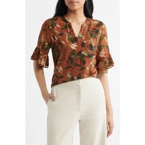 Anne Klein Leaf Print Ruffle Sleeve Shirt