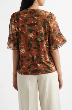 Anne Klein Leaf Print Ruffle Sleeve Shirt