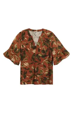 Anne Klein Leaf Print Ruffle Sleeve Shirt