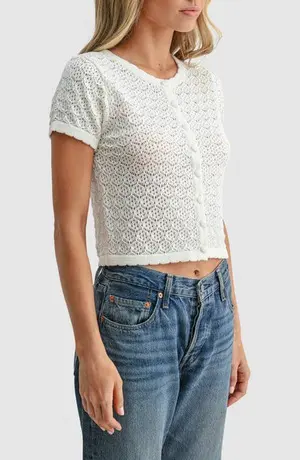 ALL IN FAVOR Pointelle Knit Scalloped Button-up Shirt