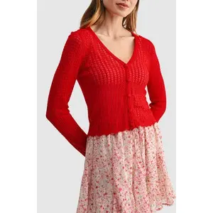 ALL IN FAVOR V-neck Cropped Cardigan With Scalloped Hem