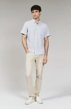 7 Diamonds Callisto Geo Print Textured Short Sleeve Stretch Button-up Shirt - Stone Blue