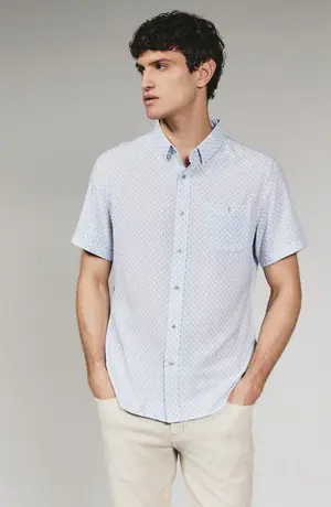 7 Diamonds Callisto Geo Print Textured Short Sleeve Stretch Button-up Shirt - Stone Blue